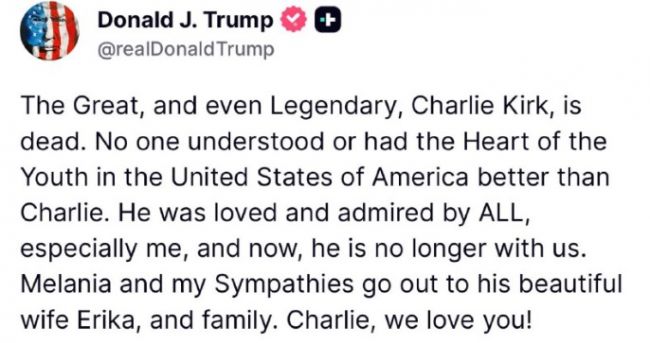 Charlie Kirk has passed away — Trump — EADaily, September 10th, 2025 — Politics, USA